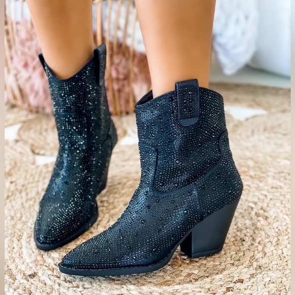 Shoes | New Black Western Style Bedazzled Cowboy Ankle Boots | Poshmark